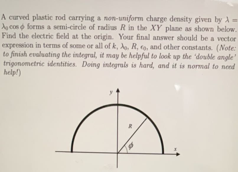 [GET ANSWER] A curved plastic rod carrying a non-uniform charge density ...