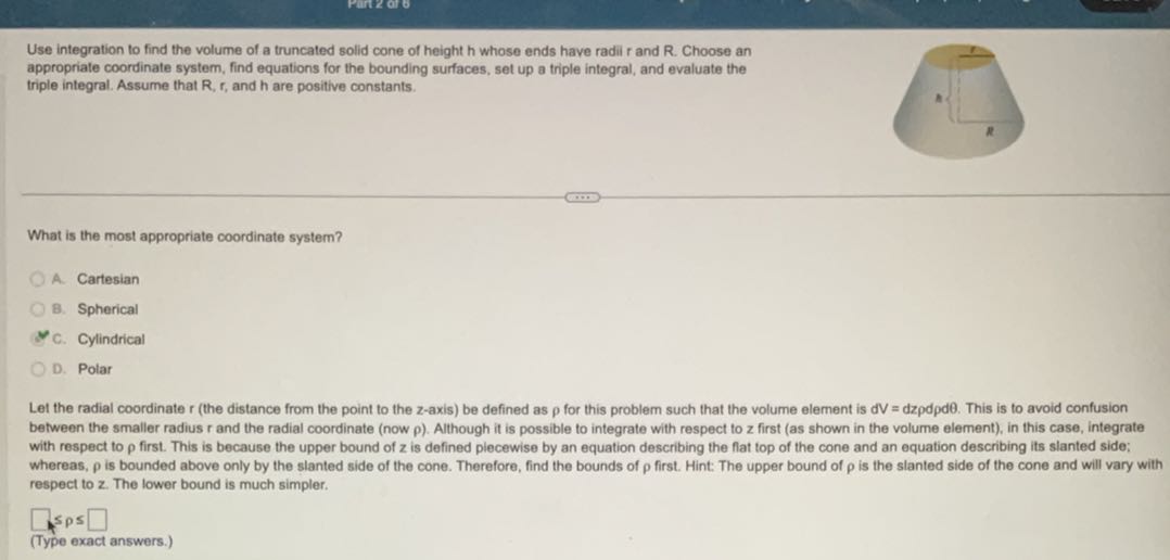 use integration to find the volume of a truncated solid cone of height ...