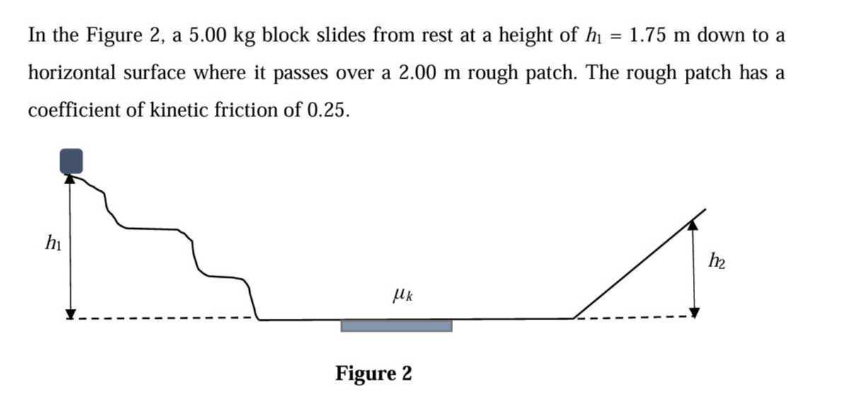 In the Figure 2, a 5.00 kg block slides from rest at a height of h1=1.75 m down to a horizontal ...