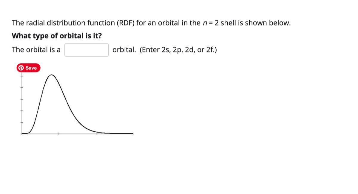 The radial distribution function (RDF) for an orbital in the n=2 shell is shown below. What type ...