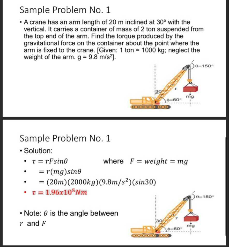 Sample Problem No. 1 - A crane has an arm length of 20 m inclined at 30 ...