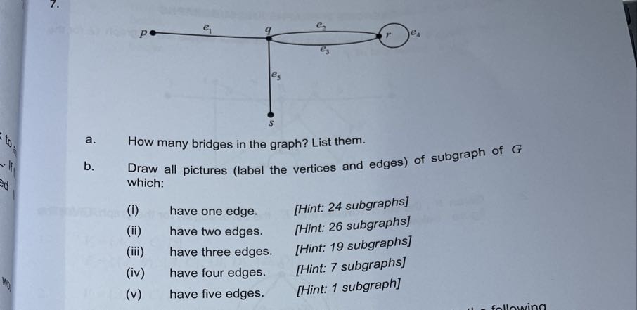 a. How many bridges in the graph? List them. b. Draw all pictures (label the vertices and edges ...