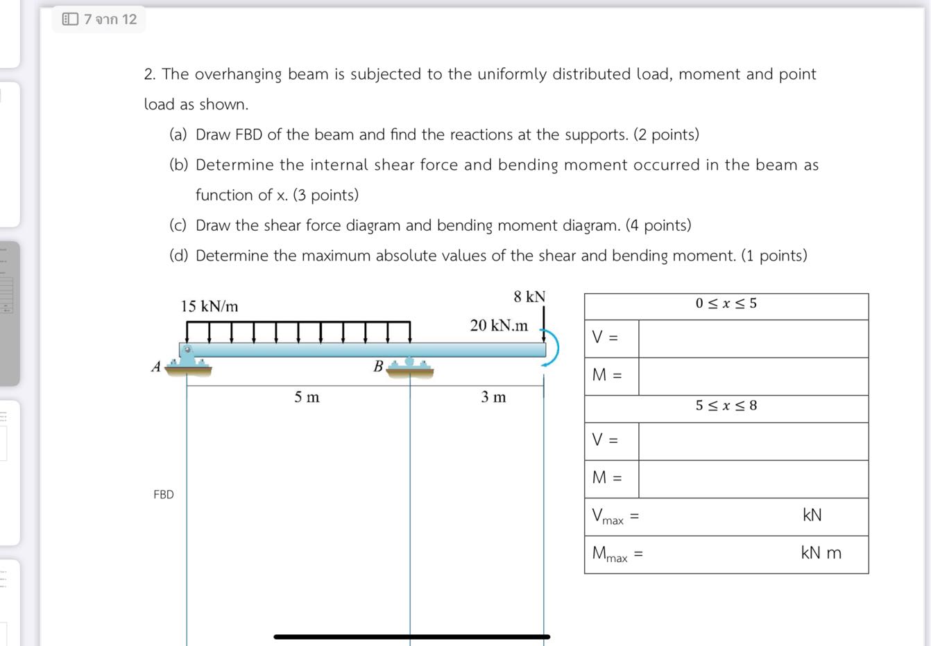 7 ??? 12 2. The overhanging beam is subjected to the uniformly distributed load, moment and ...
