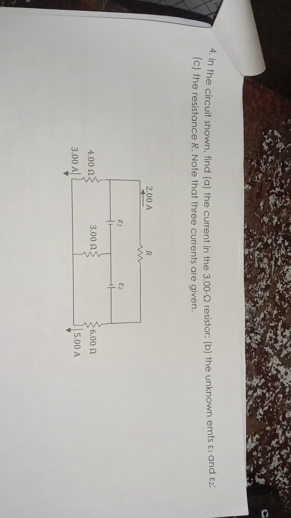 4. In the circuit shown, find (a) the current in the 3.00-Ω resistor; (b) the unknown emfs ε1 ...