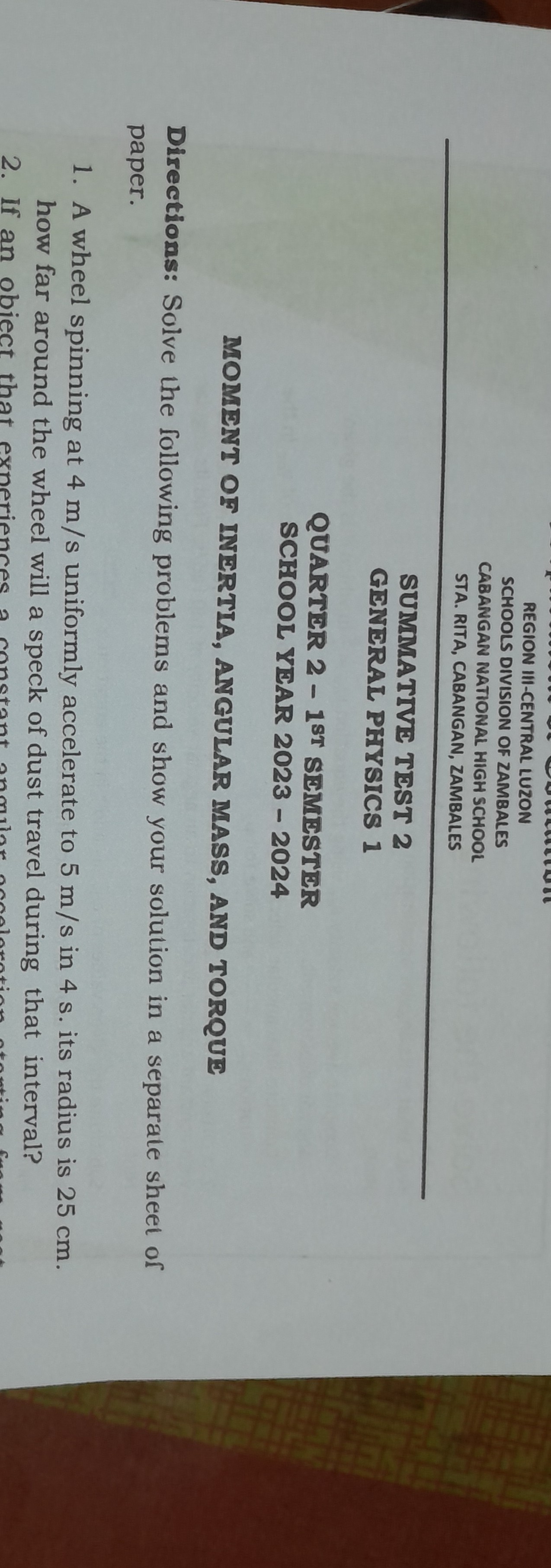 REGION III-CENTRAL LUZON SCHOOLS DIVISION OF ZAMBALES CABANGAN NATIONAL ...