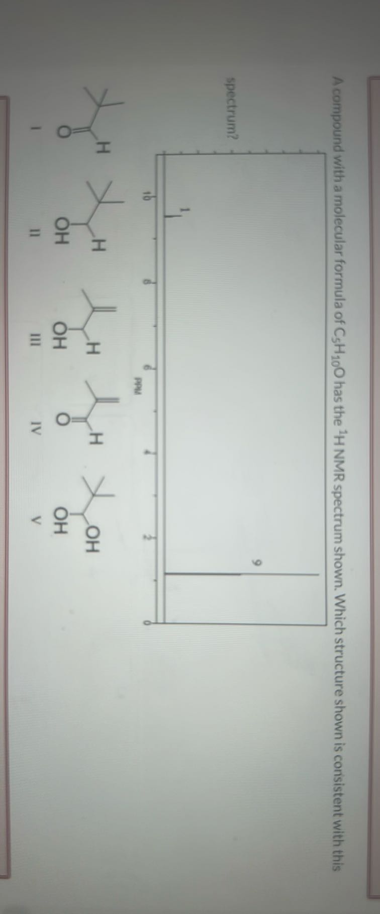 A compound with a molecular formula of C5H10O has the ^1H NMR spectrum ...