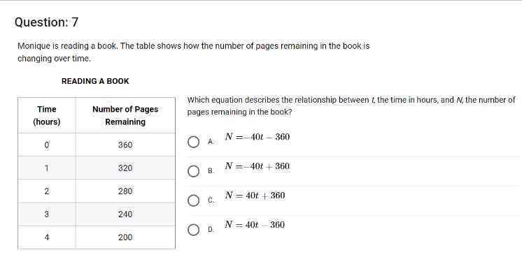 question 7 monique is reading a book the table shows how the number of ...
