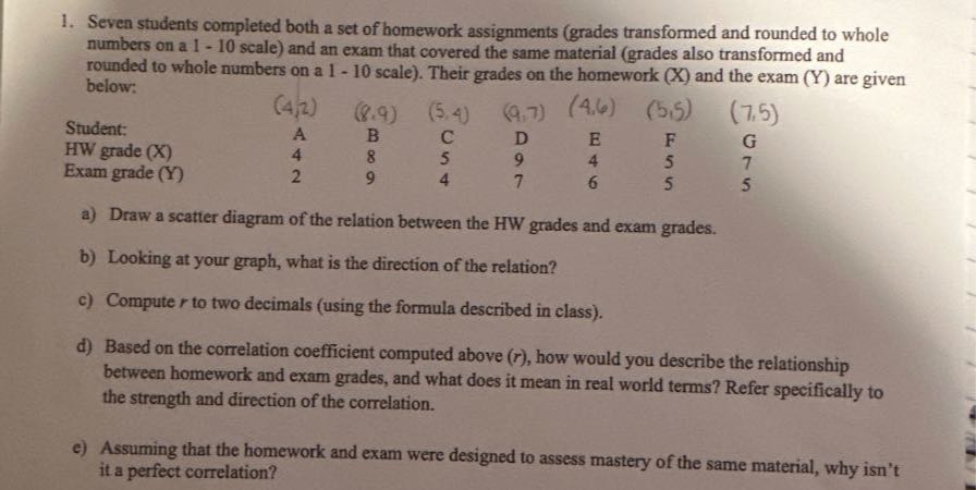 1. Seven students completed both a set of homework assignments (grades ...