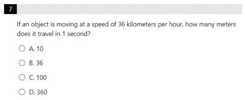 7 If an object is moving at a speed of 36 kilometers per hour, how many ...