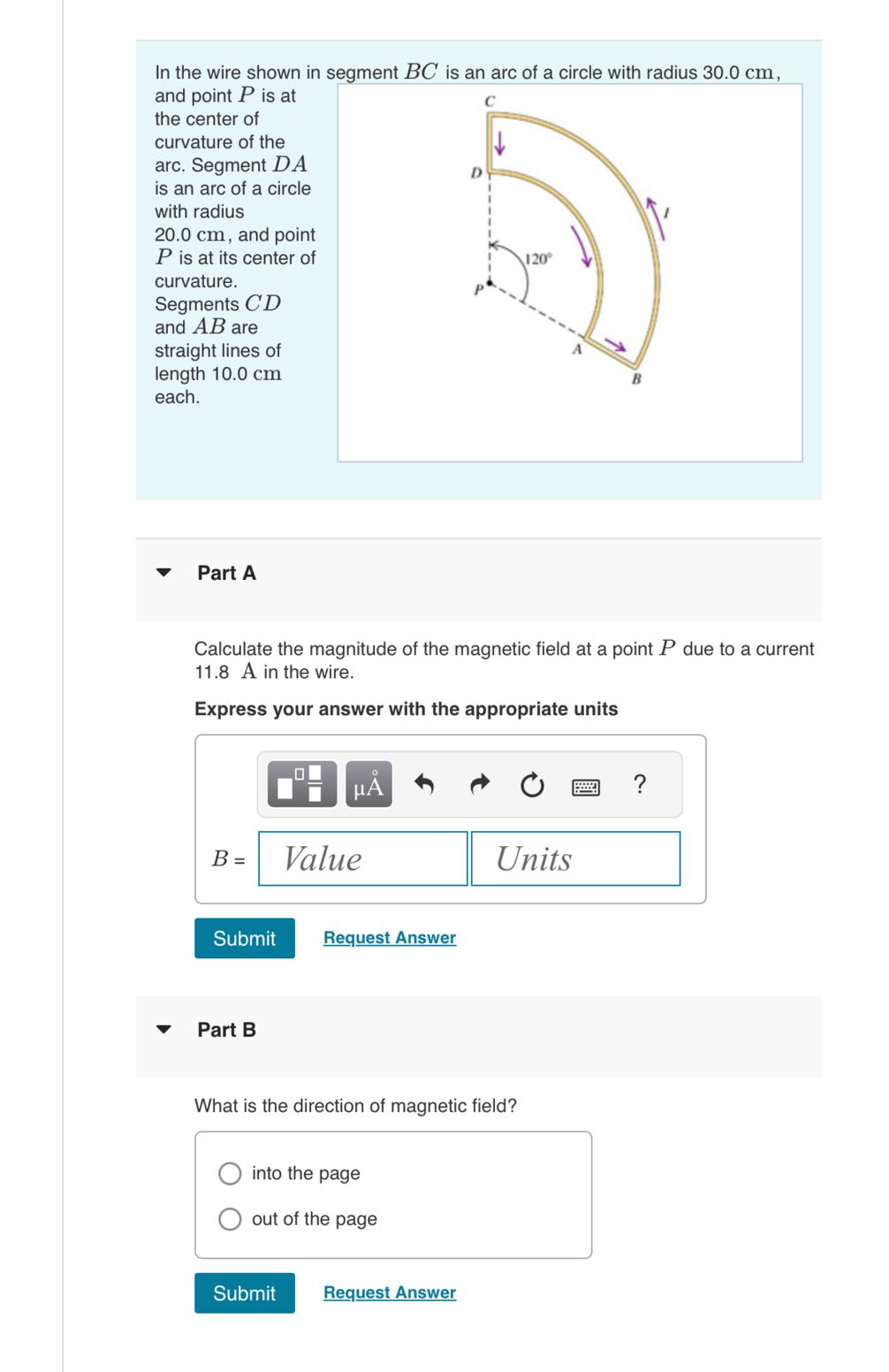 In the wire shown in segment B C is an arc of a circle with radius 30.0 ...