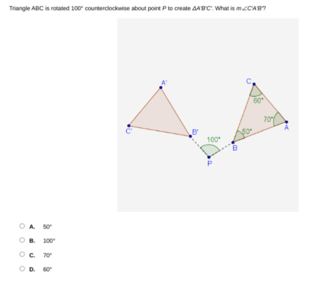 Triangle ABC is rotated 100^∘ counterclockwise about point P to create ...