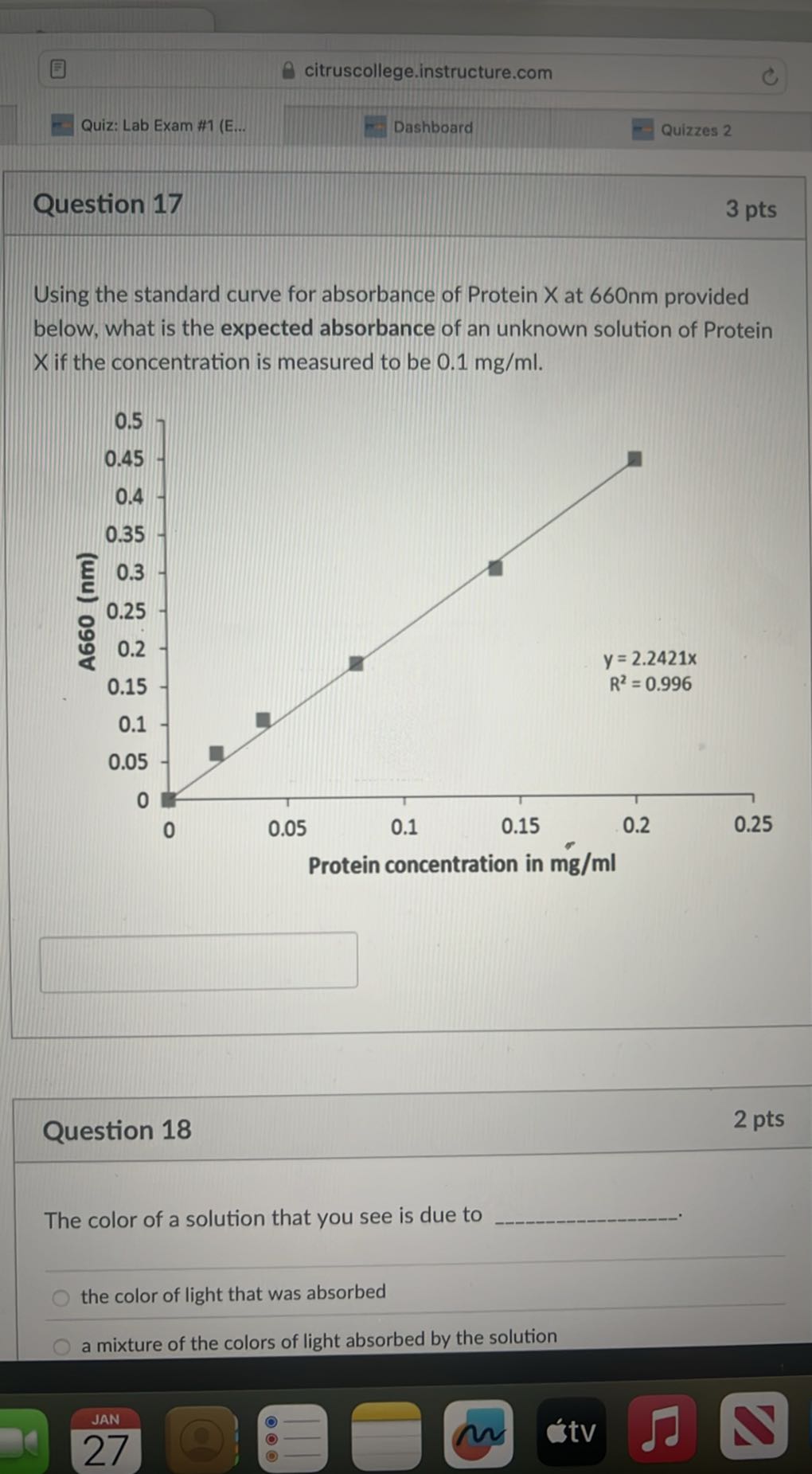 citruscollege.instructure.com Quiz: Lab Exam #1 (E... Dashboard Quizzes 2 Question 17 3 pts ...