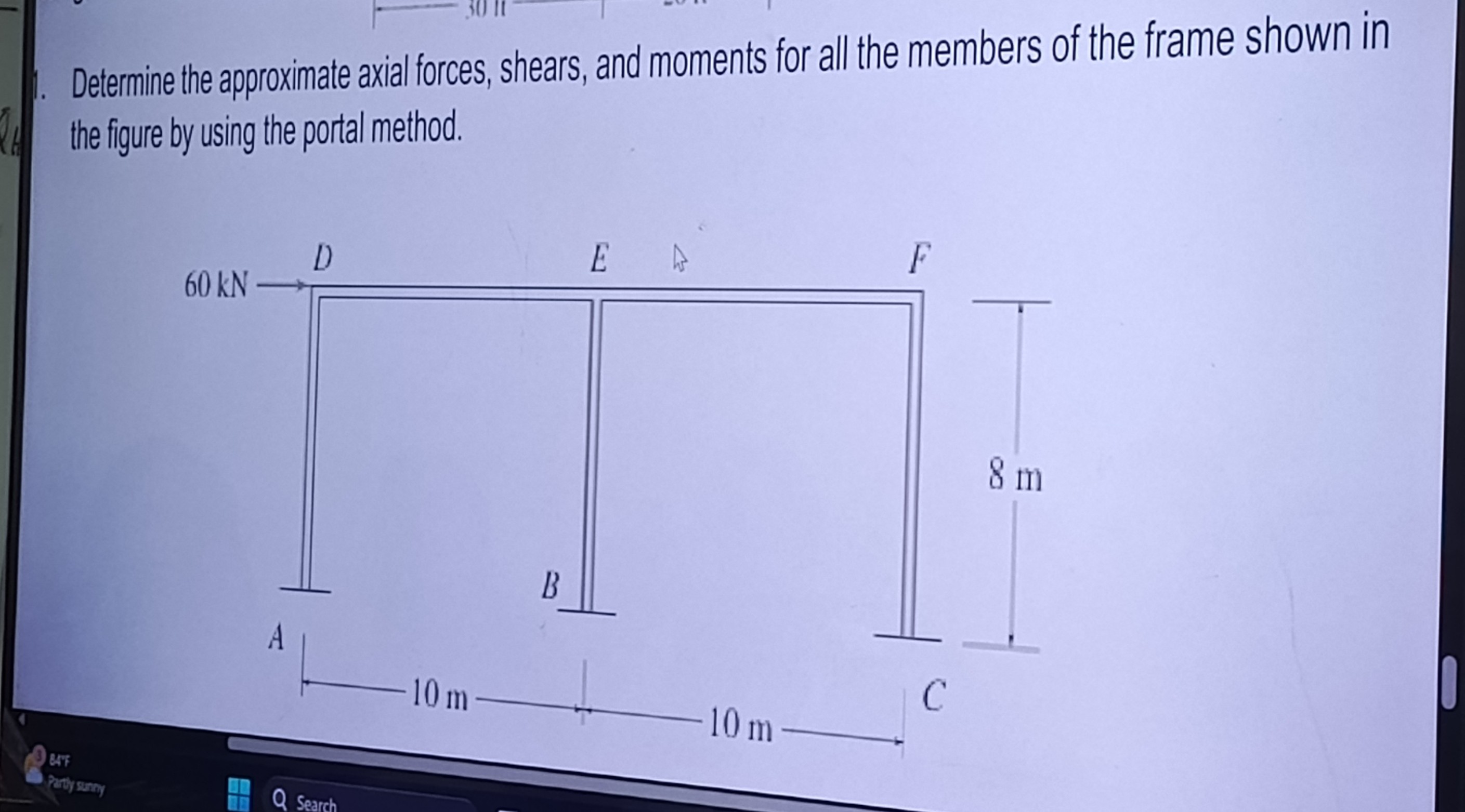 Determine the approximate axial forces, shears, and moments for all the members of the frame ...