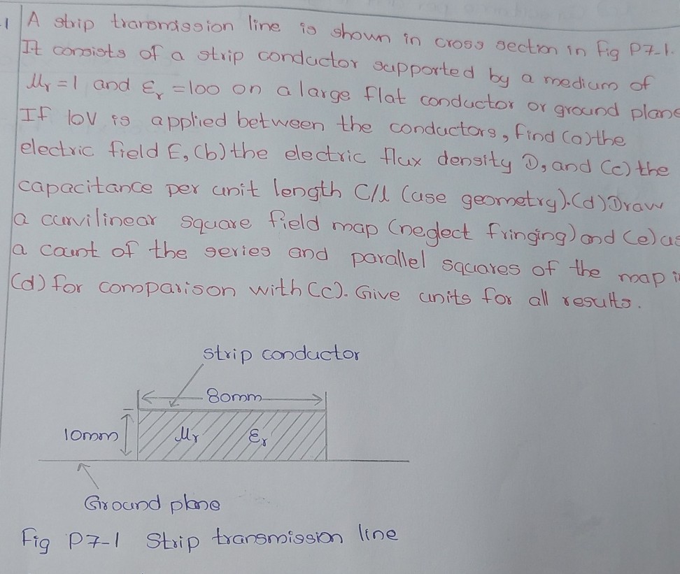 1 A strip tranomission line is shoun in cross section in Fig P7.1. It ...