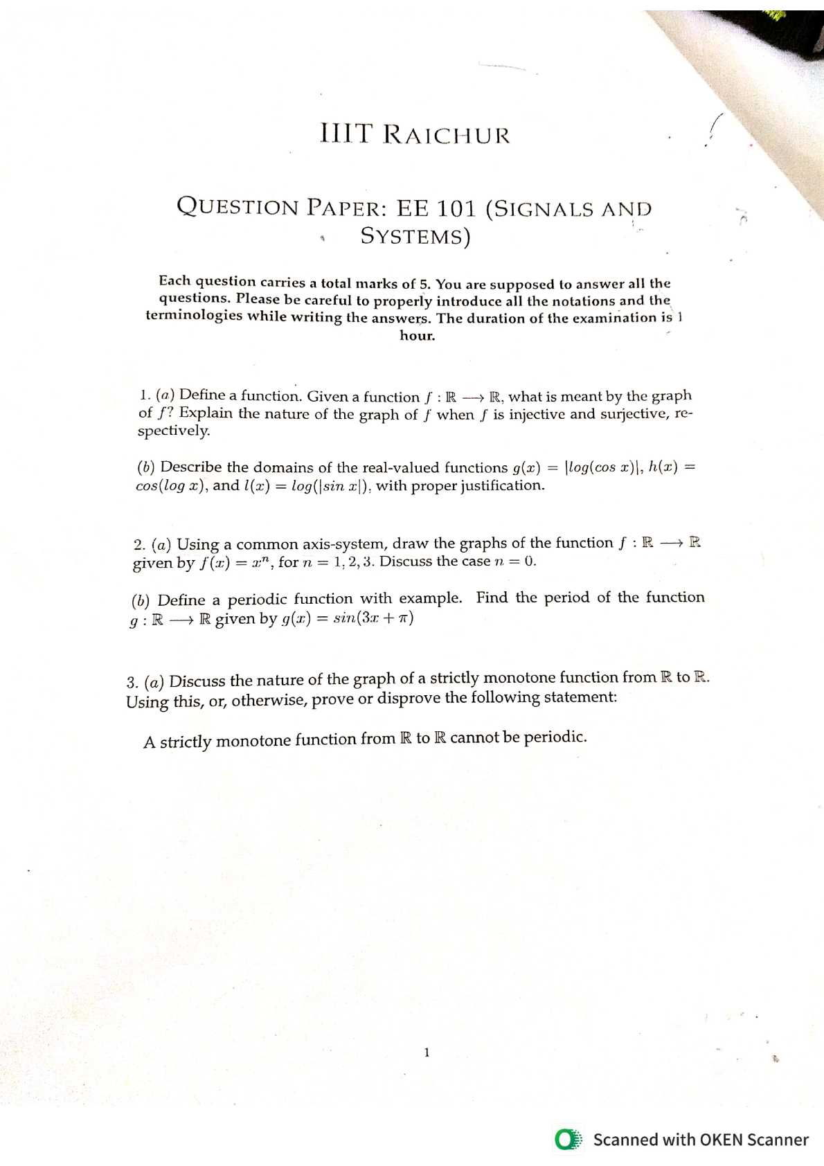 IIIT RAICHUR QUESTION PAPER: EE 101 (SignALS AND - SYSTEMS) Each ...
