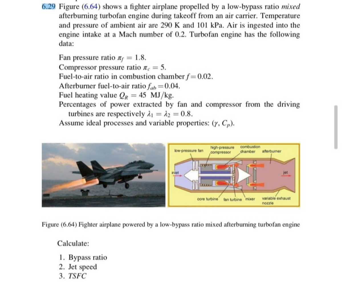 6.29 Figure (6.64) shows a fighter airplane propelled by a low-bypass ...
