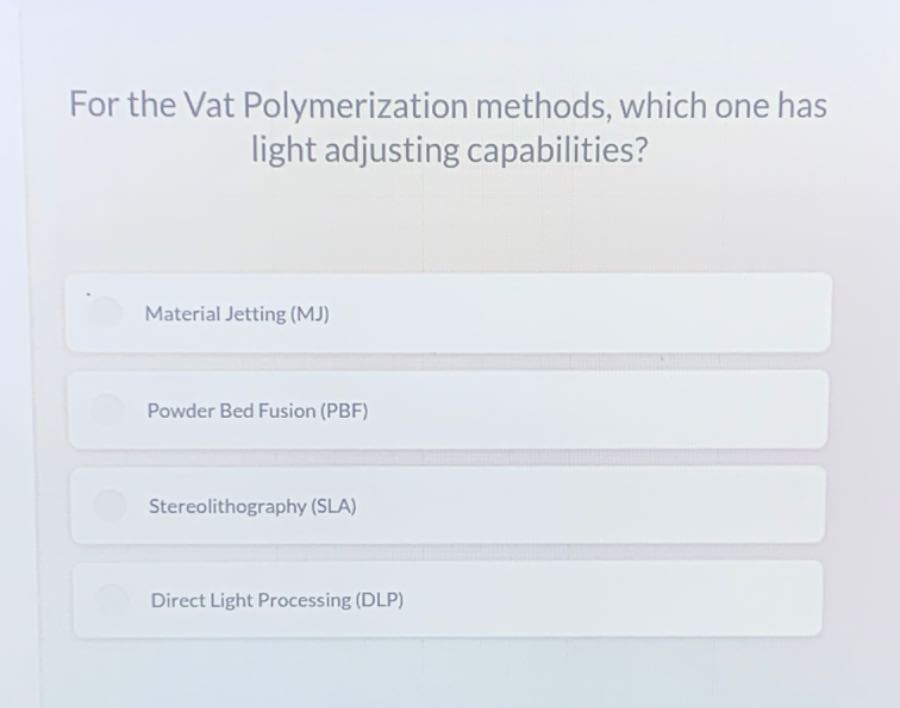 For the Vat Polymerization methods, which one has light adjusting ...