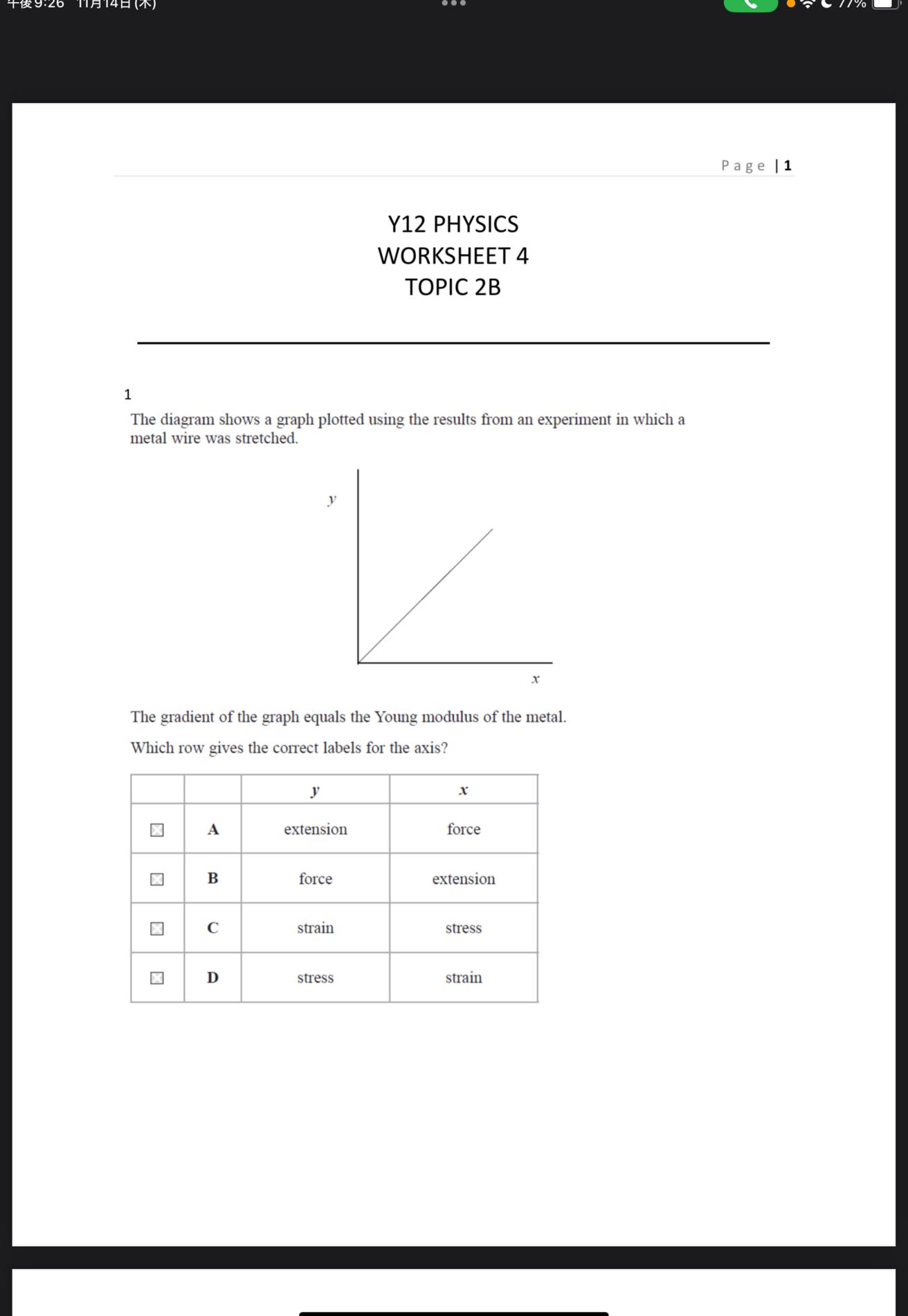 Page |1 Y12 PHYSICS WORKSHEET 4 TOPIC 2B 1 The diagram shows a graph plotted using the results ...