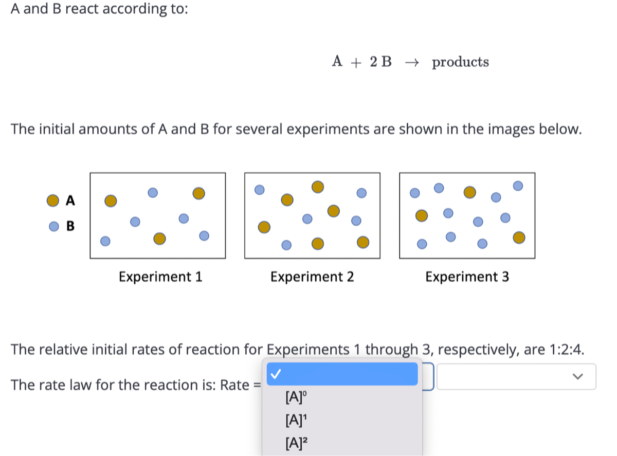SOLVED: A and B react according to: A+2 B→ products The initial amounts of A and B for several ...