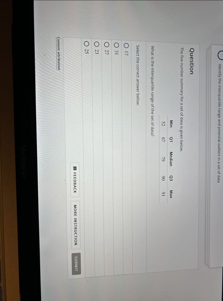 Identify the interquartile range and potential outliers in a set of ...