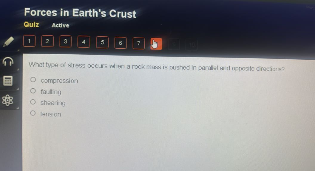 Forces in Earth's Crust Quiz Active 1 2 3 4 5 6 7 1 What type of stress ...
