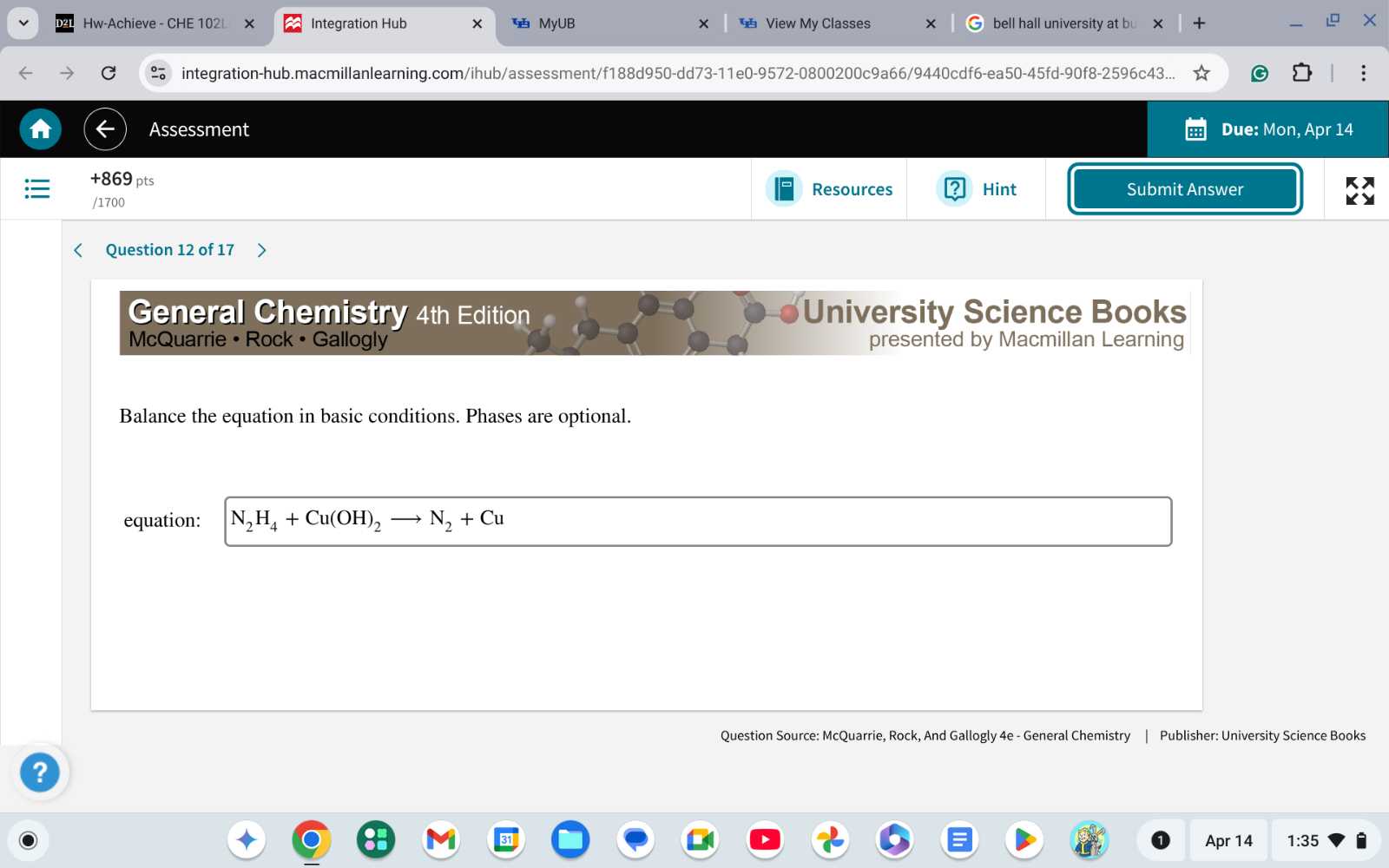 Hw-Achieve - CHE 1021 Integration Hub MyUB View My Classes bell hall ...