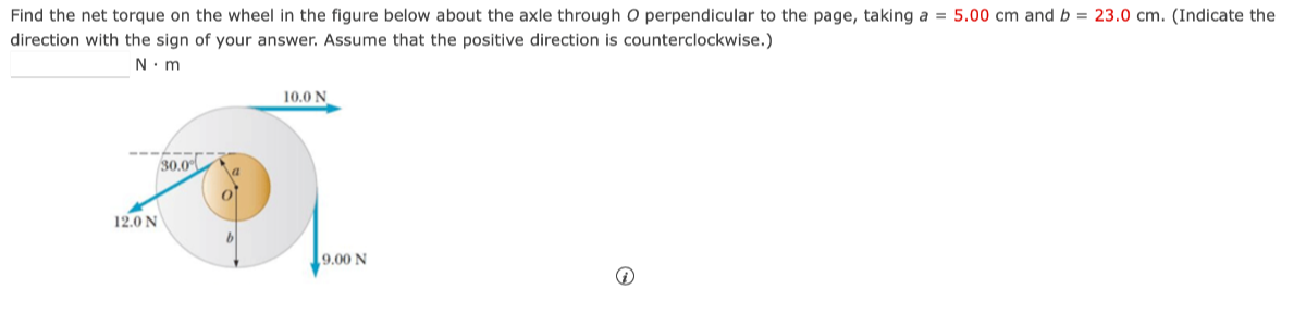 Find the net torque on the wheel in the figure below about the axle through O perpendicular to ...
