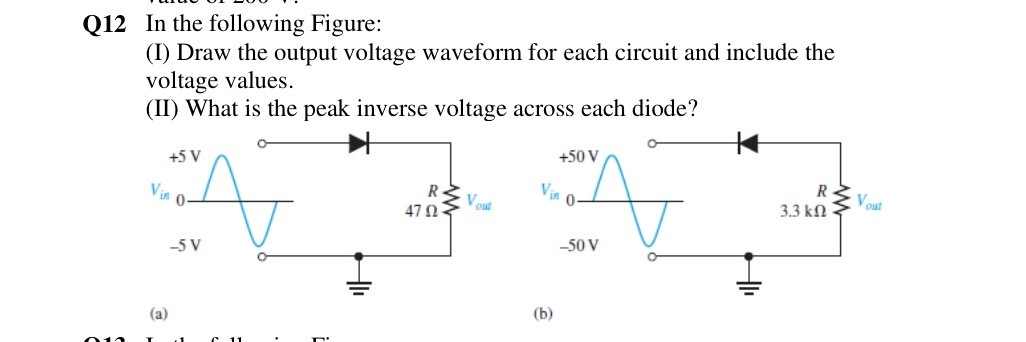 [GET ANSWER] Q12 In the following Figure: (I) Draw the output voltage waveform for each circuit ...