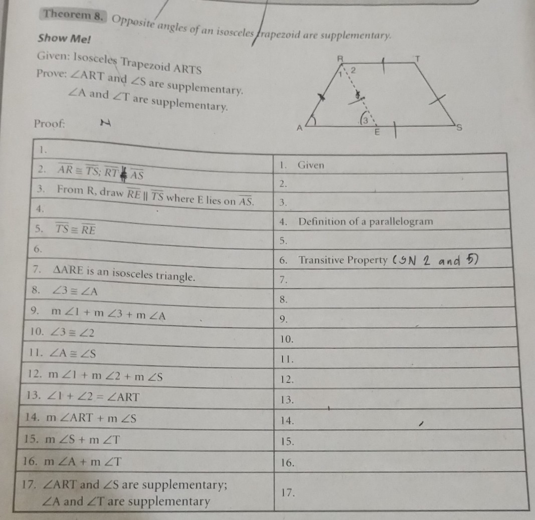 Theorem 8. Opposite angles of an isosceles rapezoid are supplementary. Show Me! Given: Isosceles ...