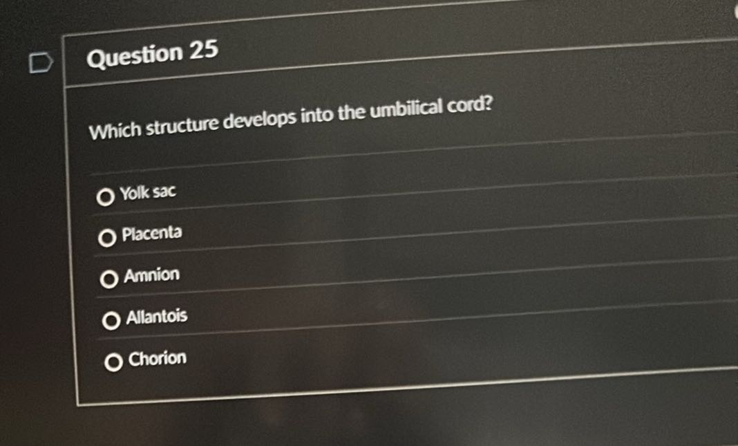 Question 25 Which structure develops into the umbilical cord? Yolk sac ...