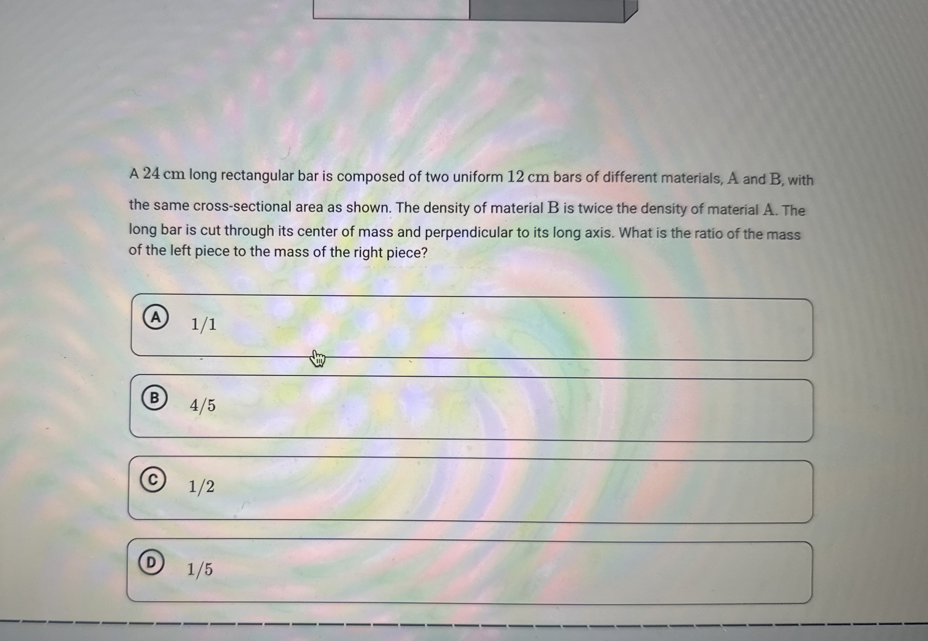 A 24 cm long rectangular bar is composed of two uniform 12 cm bars of ...