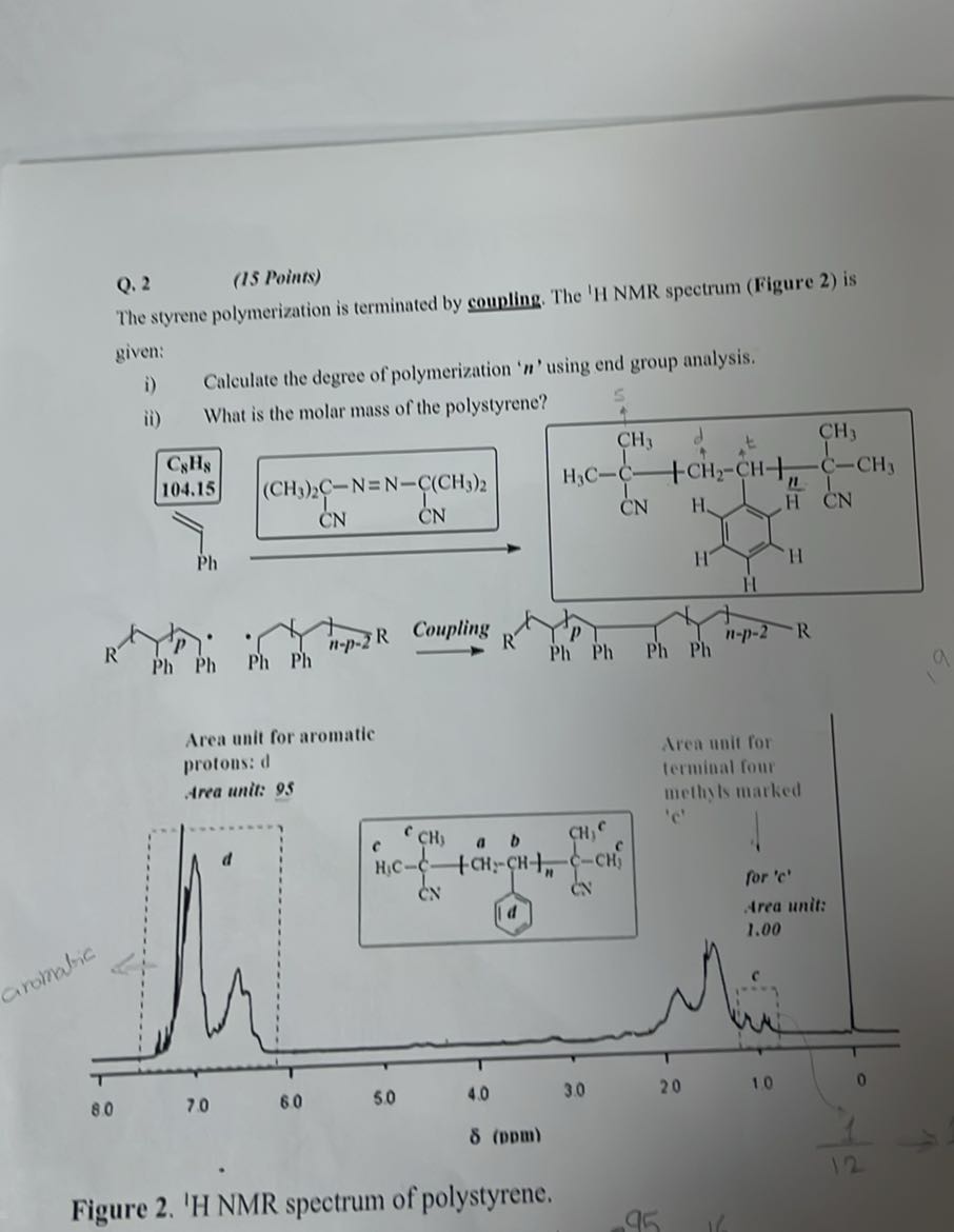 Q. 2 (15 Points) The styrene polymerization is terminated by coupling ...