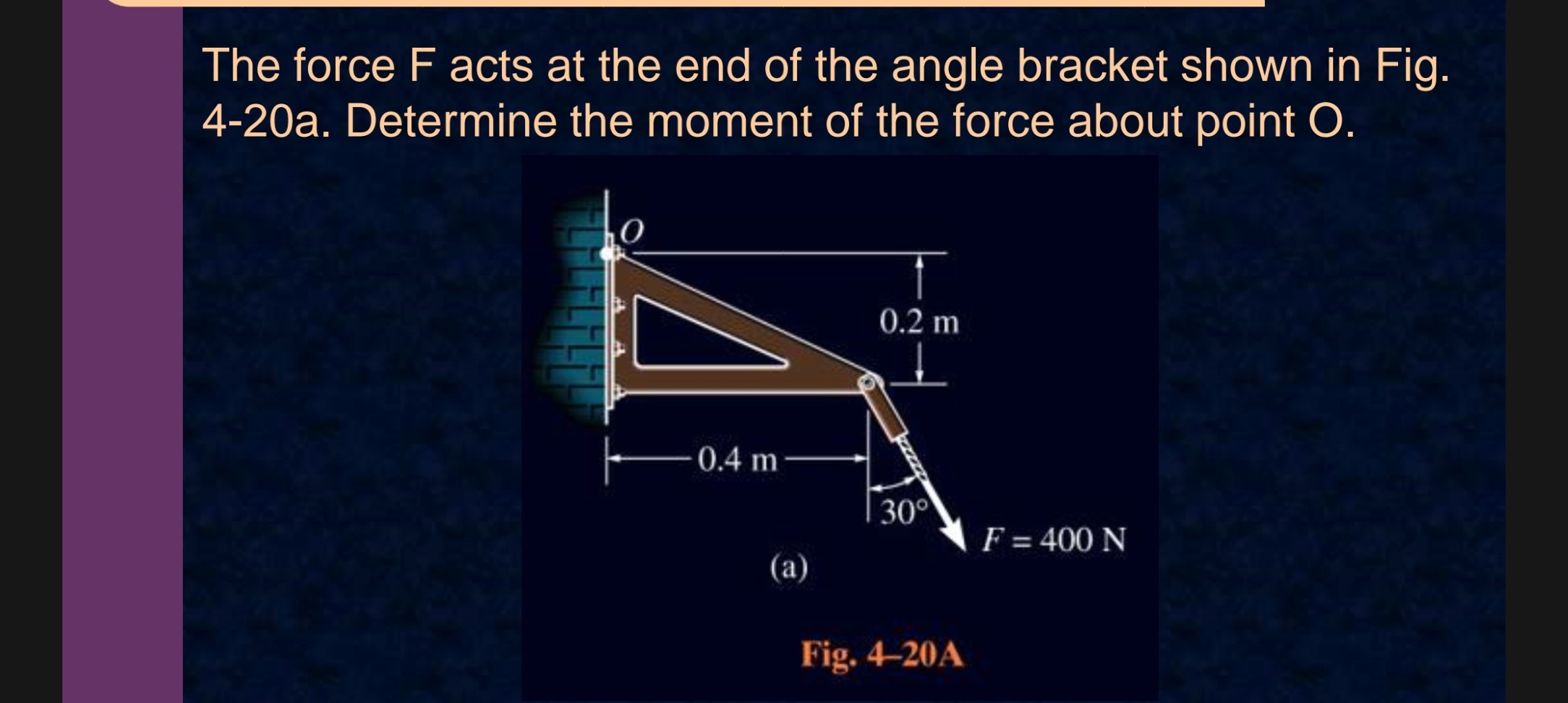 The force F acts at the end of the angle bracket shown in Fig. 4-20 a ...