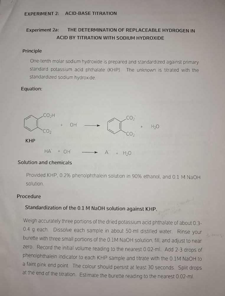 EXPERIMENT 2 : ACID-BASE TITRATION Experiment 2a: THE DETERMINATION OF REPLACEABLE HYDROGEN IN ...