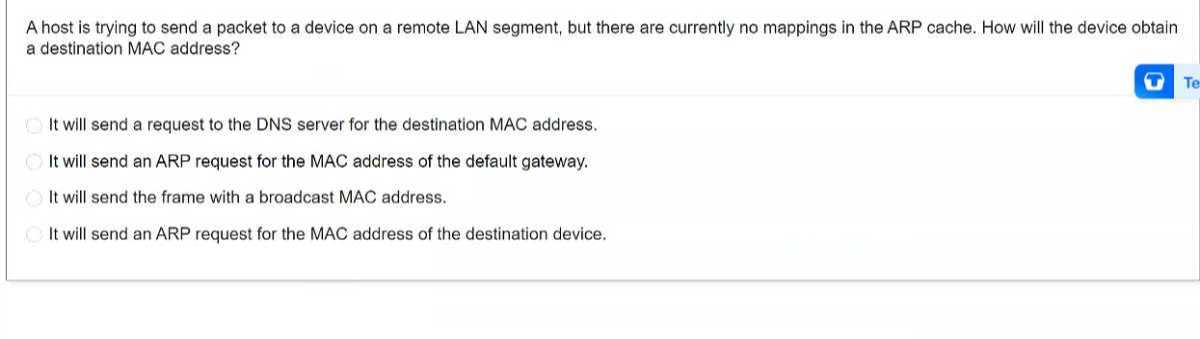 a host is trying to send a packet to a device on a remote lan segment ...