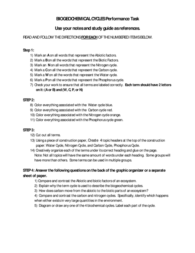 BIOGEOAHEMICALCYQESPerformanœ Task Use your notesand study guide as ...