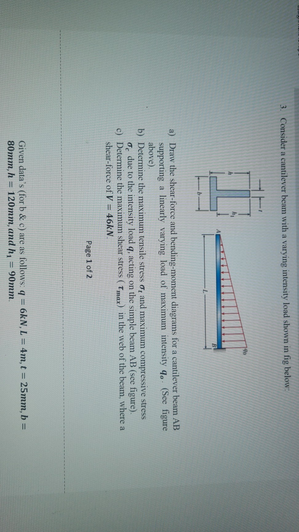3 consider a cantilever beam with a varying intensity load shown in fig ...