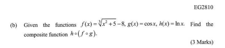 EG2810 (b) Given the functions f(x)=√(x^2+5)-8, g(x)=cos x, h(x)=ln x ...