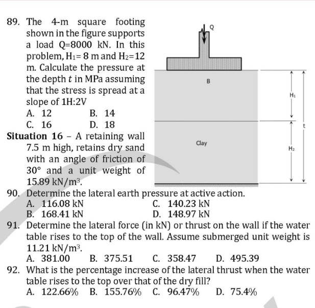 89. The 4-m square footing shown in the figure supports a load Q=8000 kN. In this problem, H1=8 ...