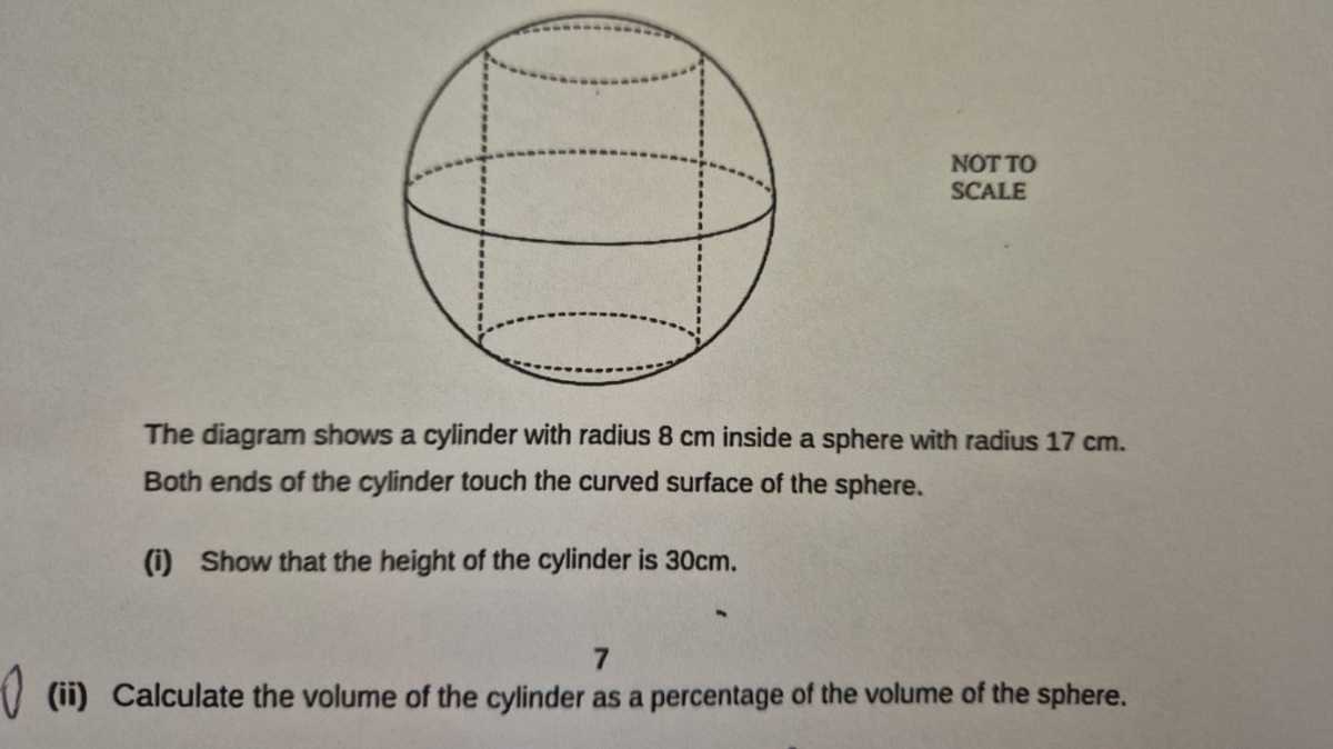 NOTTO SCALE The diagram shows a cylinder with radius 8 cm inside a ...