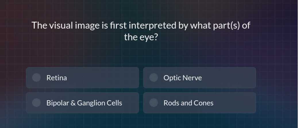 The visual image is first interpreted by what part(s) of the eye ...