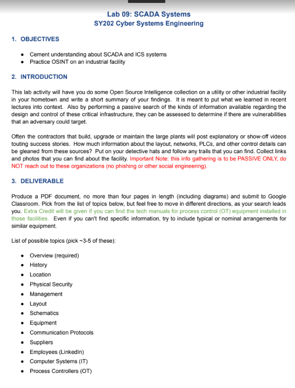 SOLVED: Lab 09: SCADA Systems SY202 Cyber Systems Engineering 1 ...