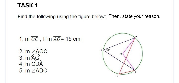 task 1 find the following using the figure below then state your reason 1 mathrmm overlineo c if ...