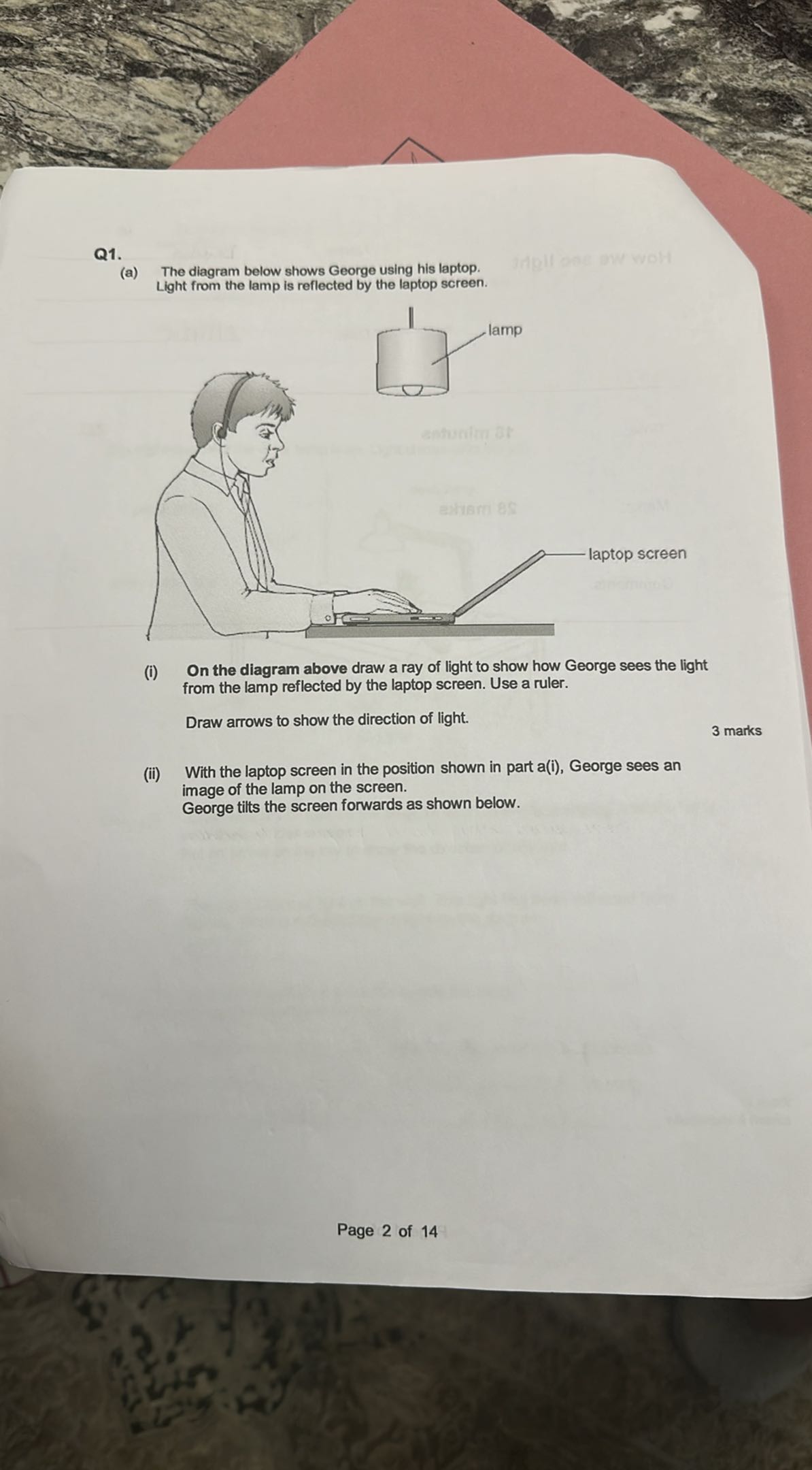 Q1. (a) The diagram below shows George using his laptop. Light from the ...