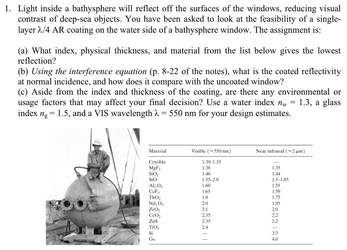 1. Light inside a bathysphere will reflect off the surfaces of the ...