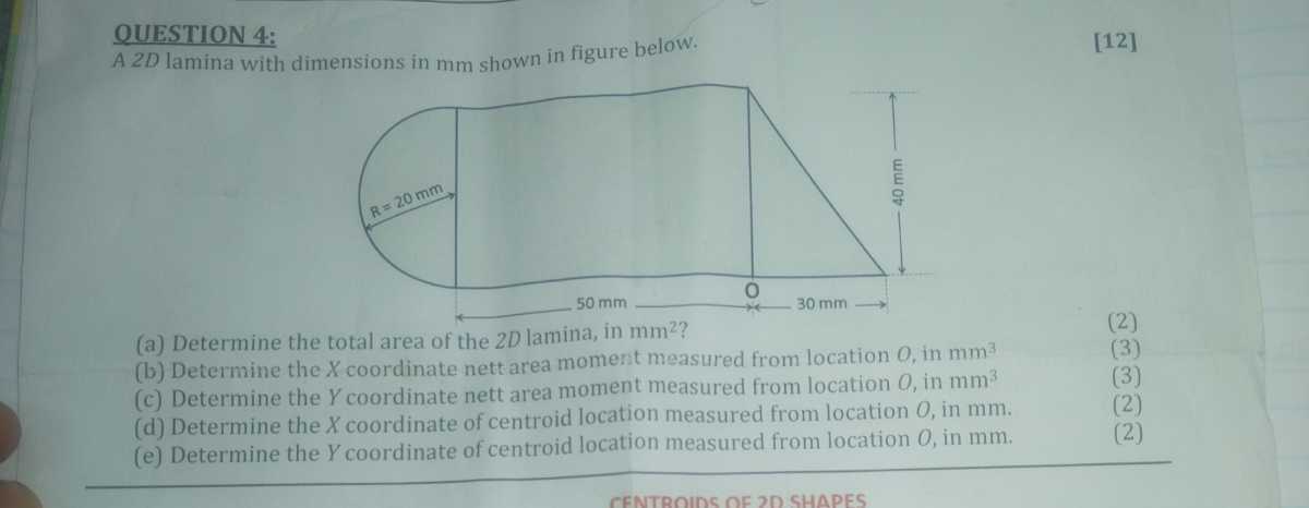 QUESTION 4: A 2 D lamina with dimensions in mm shown in figure below ...