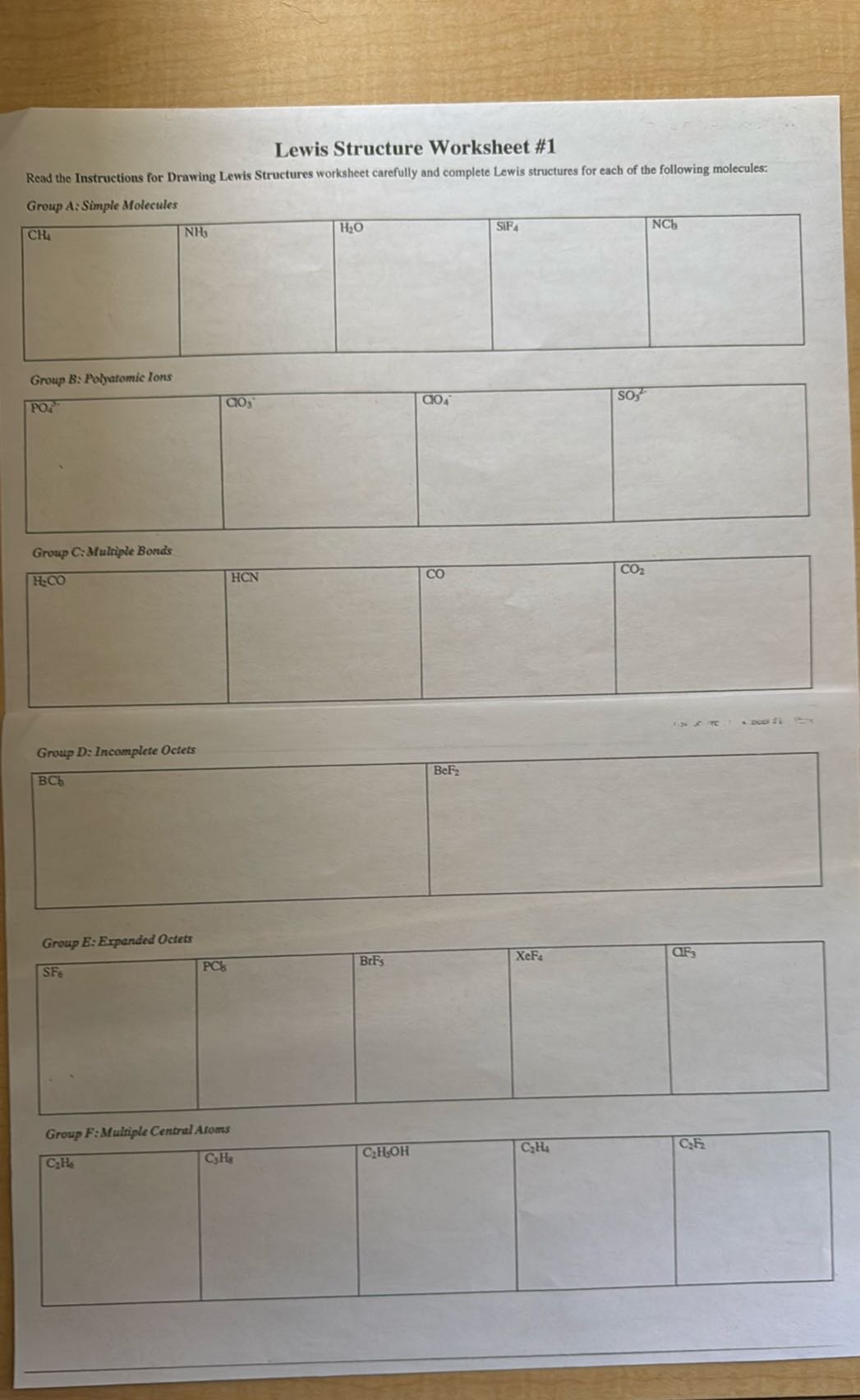 Lewis Structure Worksheet #1 Read the Instructions for Drawing Lewis ...