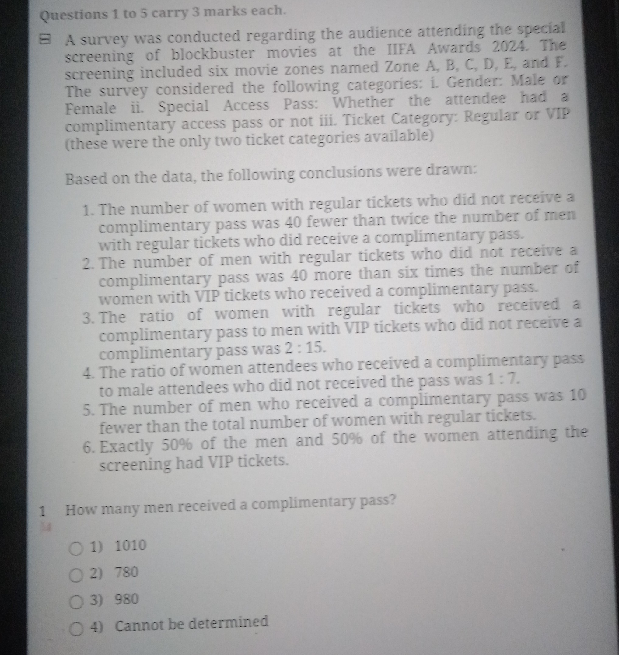 questions 1 to 5 carry 3 marks each a survey was conducted regarding ...