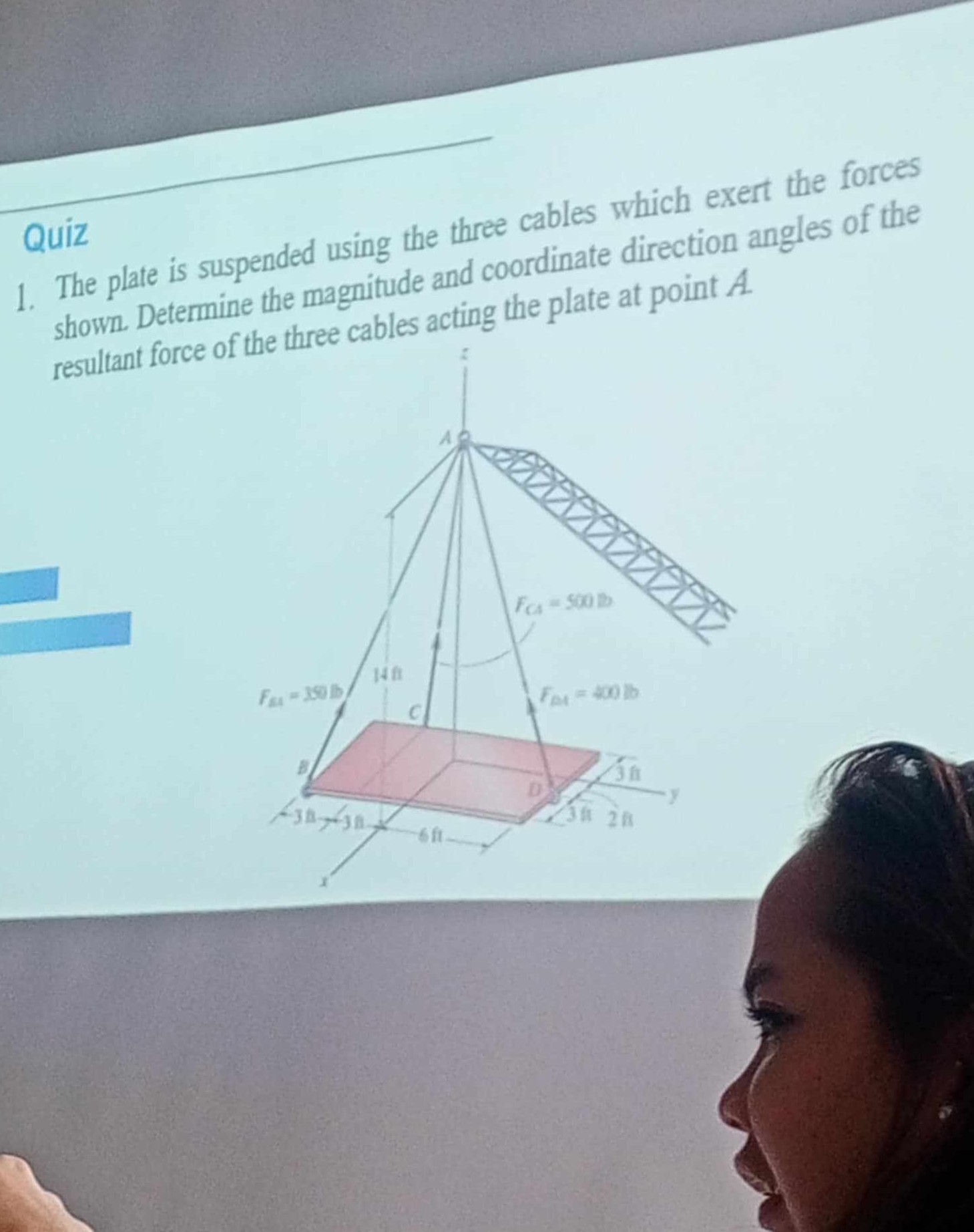 1. The plate is suspended using the three cables which exert the forces Quiz shown. Determine ...