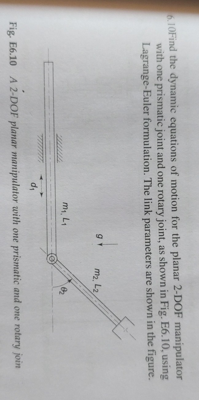 6.10Find the dynamic equations of motion for the planar 2-DOF manipulator with one prismatic ...